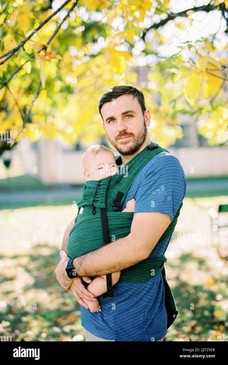 Dad hugging a baby in a sling standing under a tree in the park Stock ...