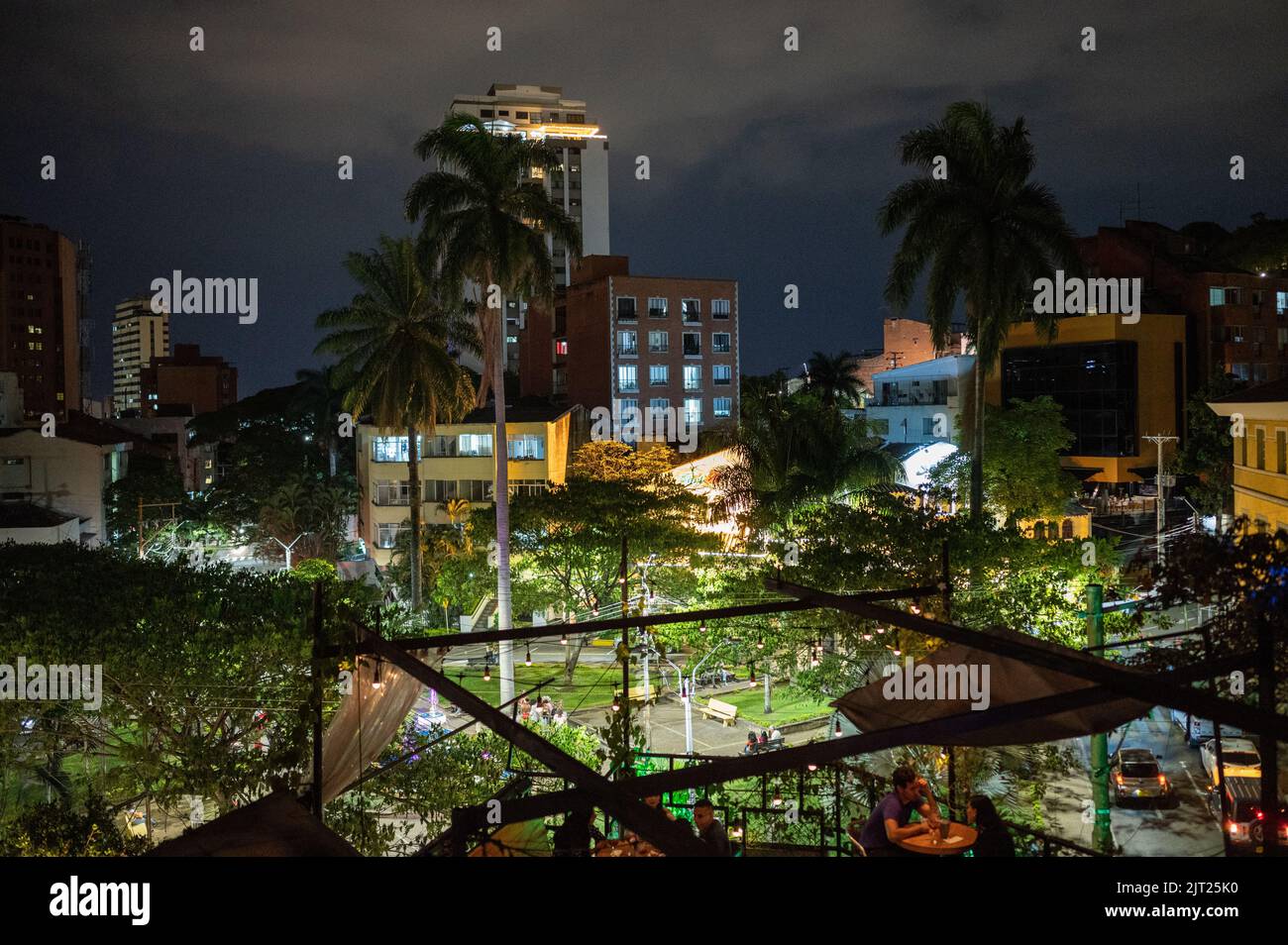 Night view of Cali skyline and El Peñon area from Elsa Cafe restaurant ...