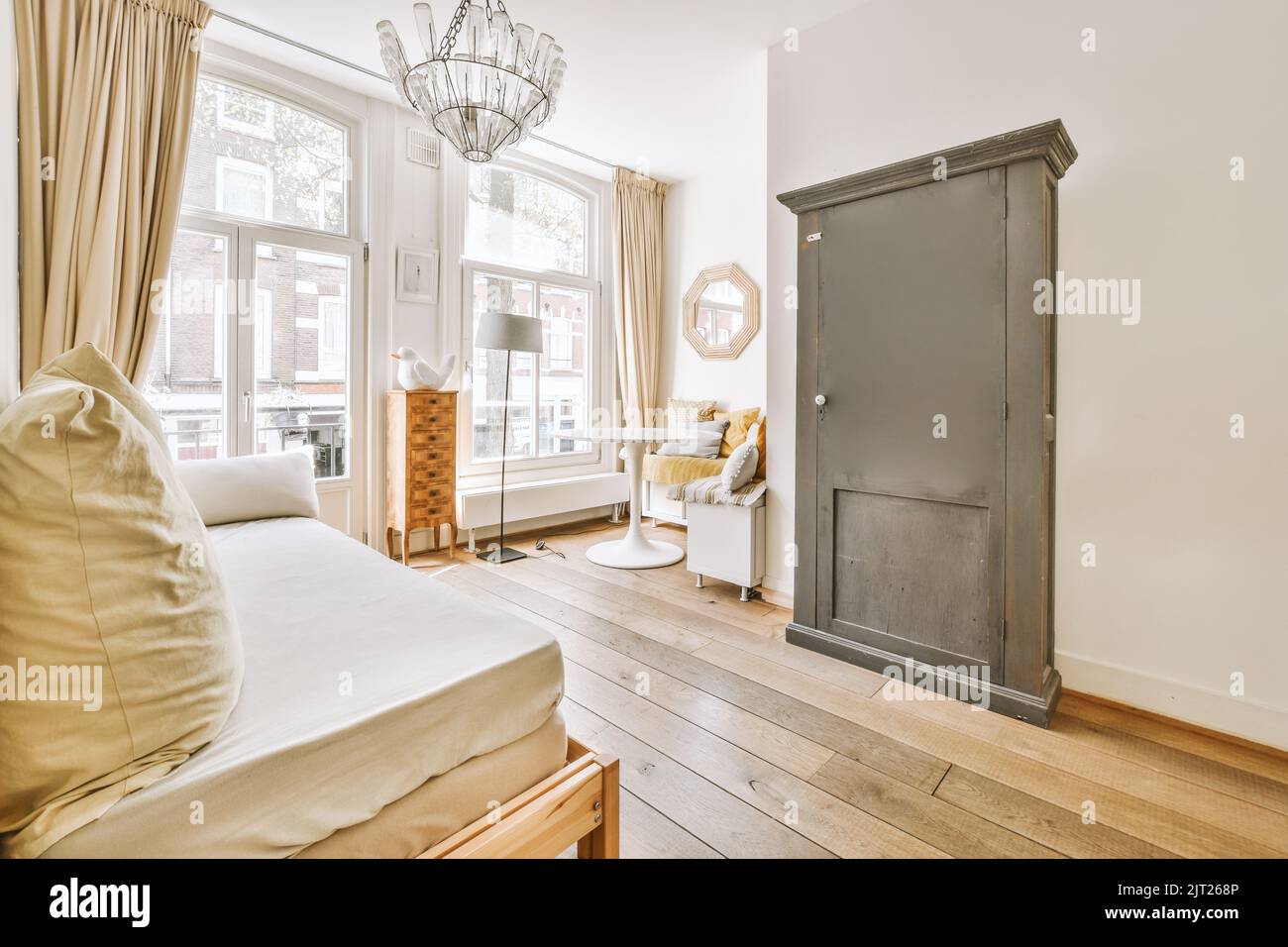 Interior design of modern minimalist style living room with large ...