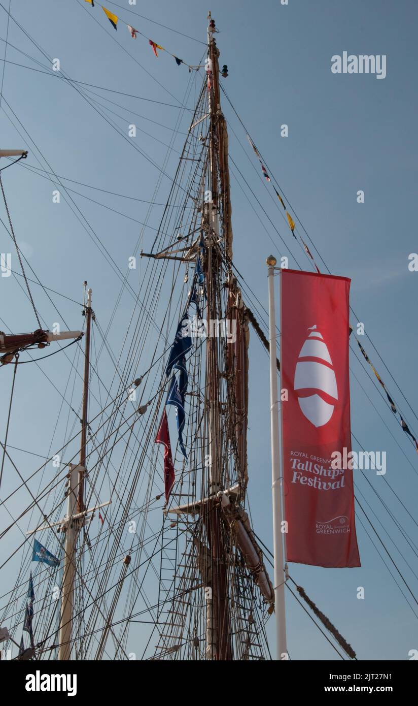 Rigging and Sign for Tall Ship Festival, River Thames, London, UK. The ...