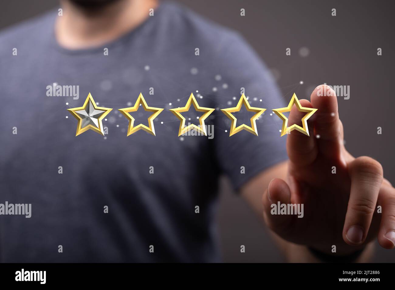 A 3D rendering of floating stars representing concept of review with a ...