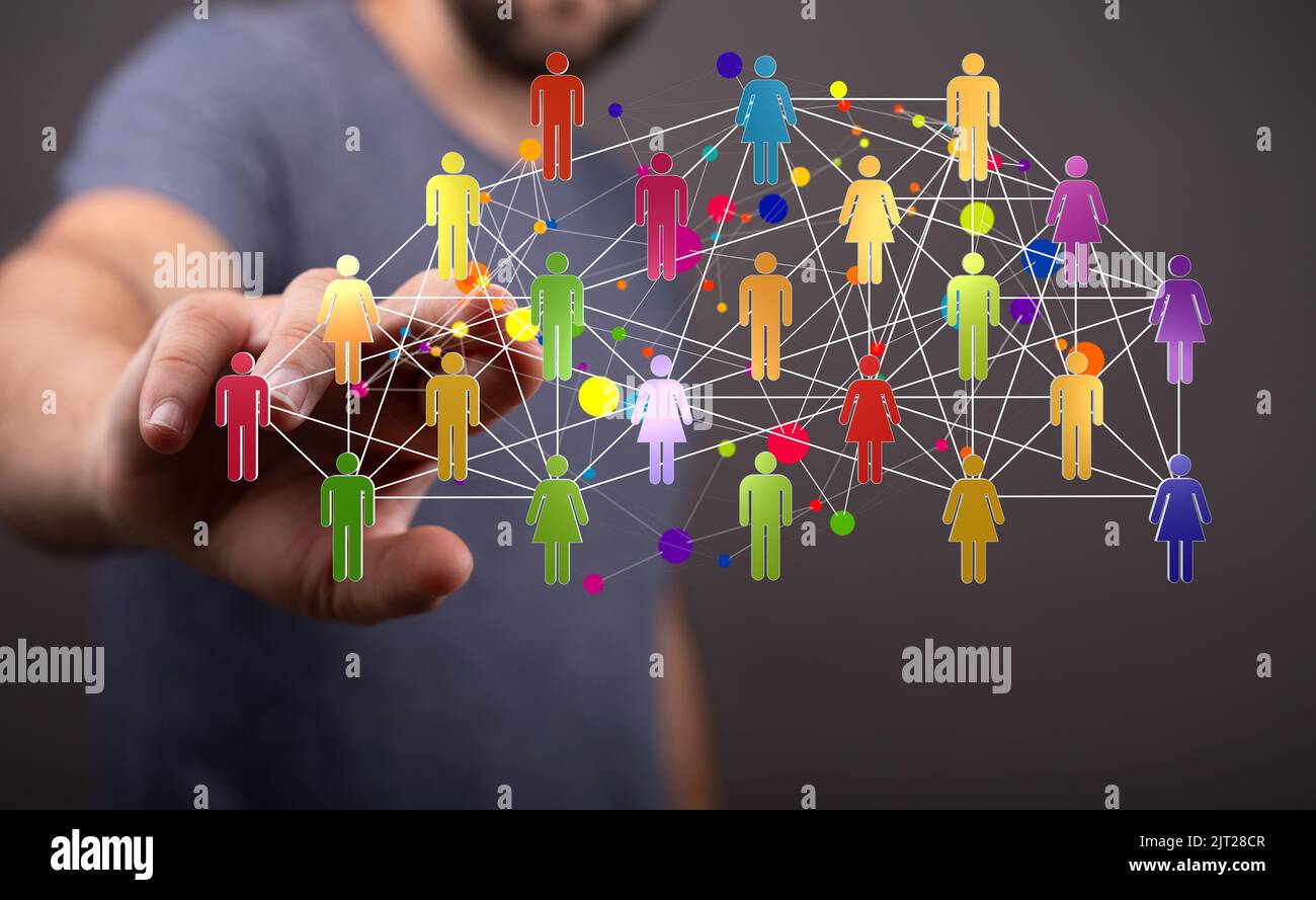 A virtual projection of digital figures of a team connection with a ...