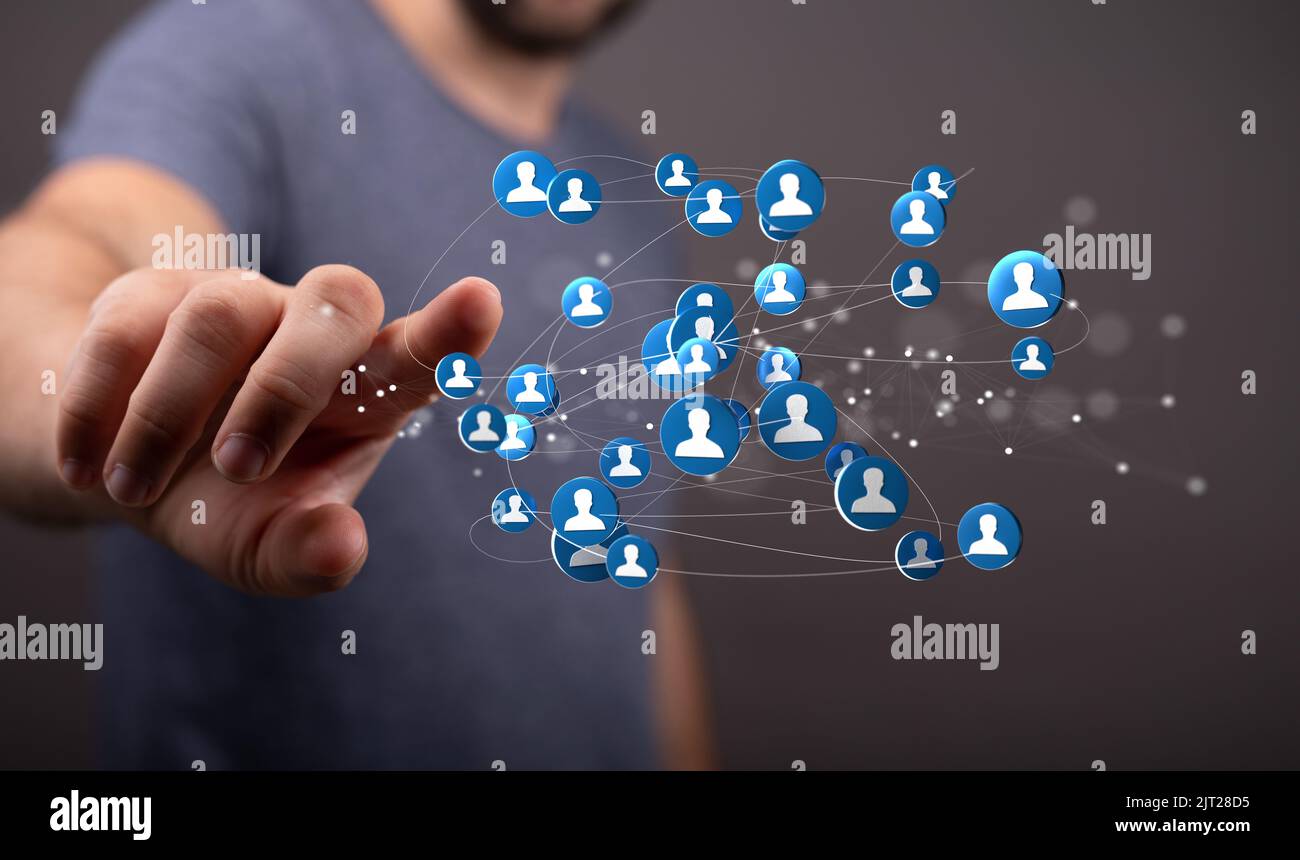 A virtual projection of digital figures of a team connection with a ...