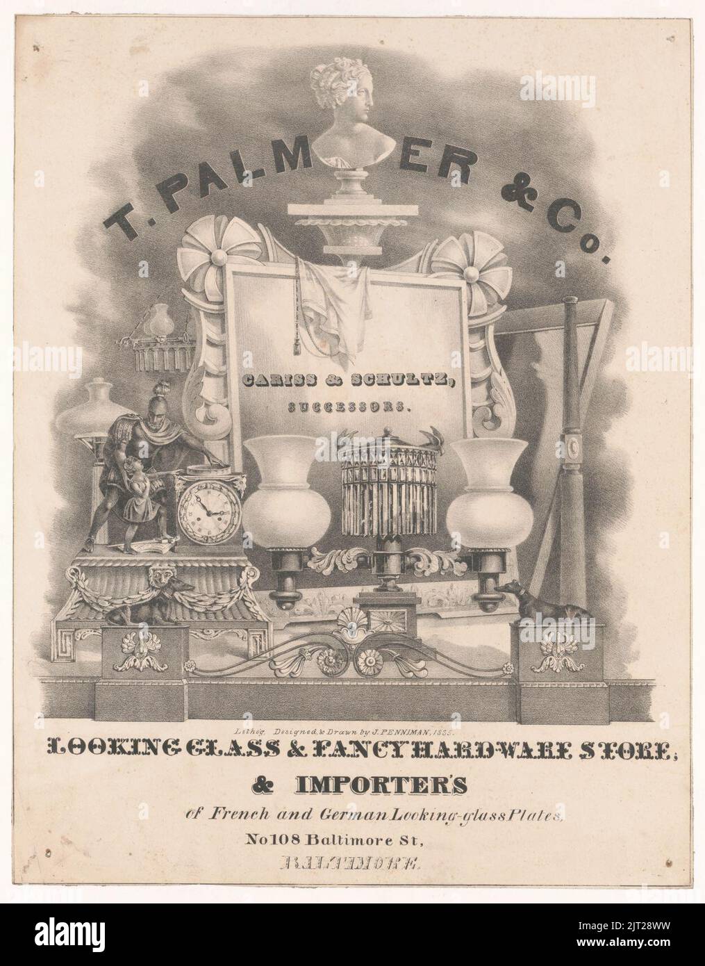 Trade advertisement for T. Palmer & Co. Looking glass and fancy ...