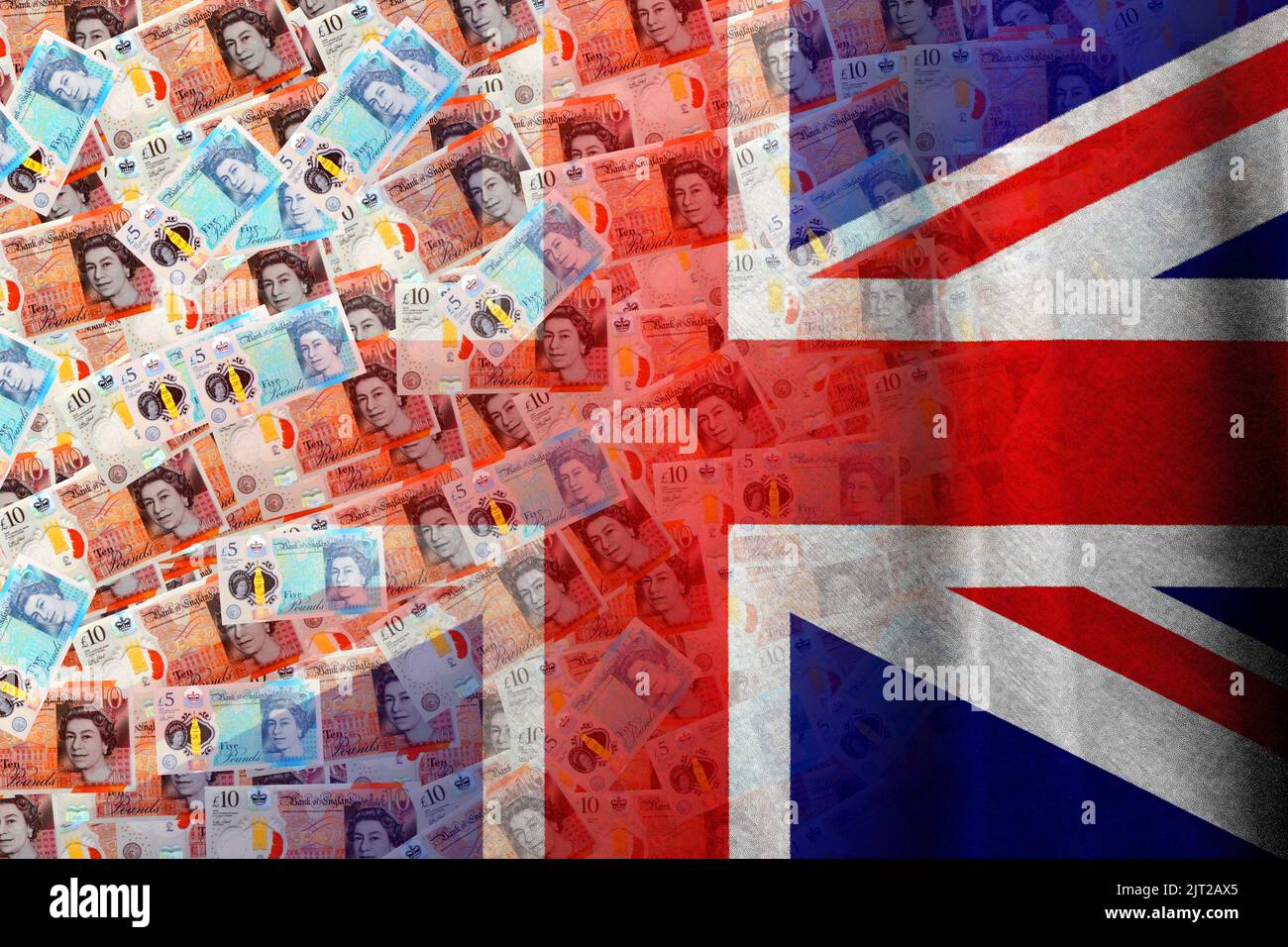 Cash sterling banknotes and UK flag (money, finance, business ...