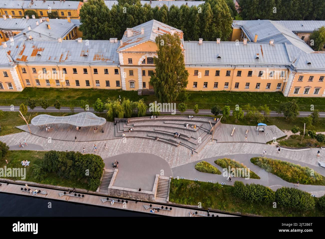Aerial view of the public park of the Karpovka River Embankment in St ...