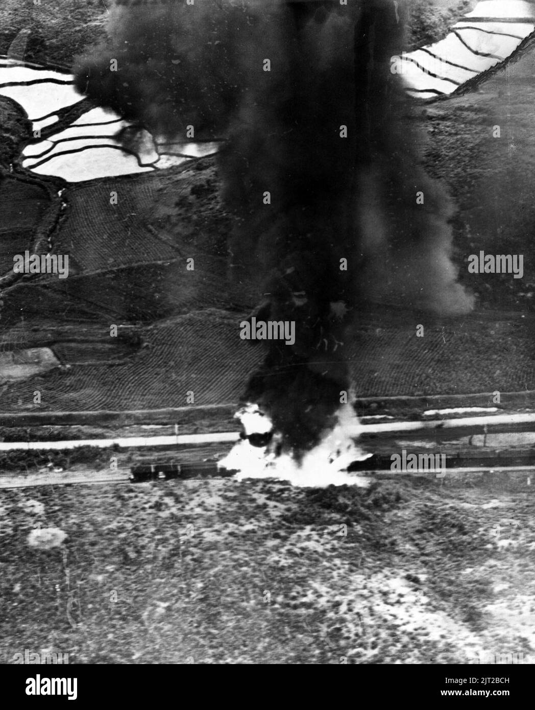 Train burns near Kumchon, North Korea, after being hit by U.S. Navy ...
