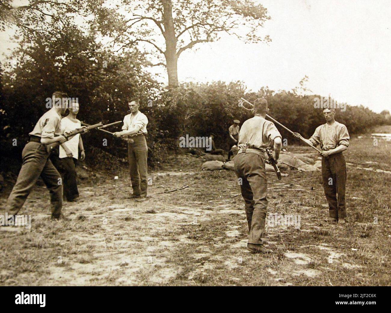 Training of soldiers, bayonet instruction at a British training camp ...
