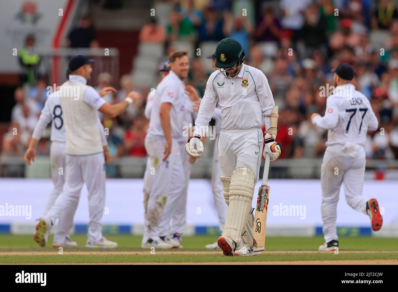 Anrich Nortje of South Africa walks back to the pavilion after he is ...