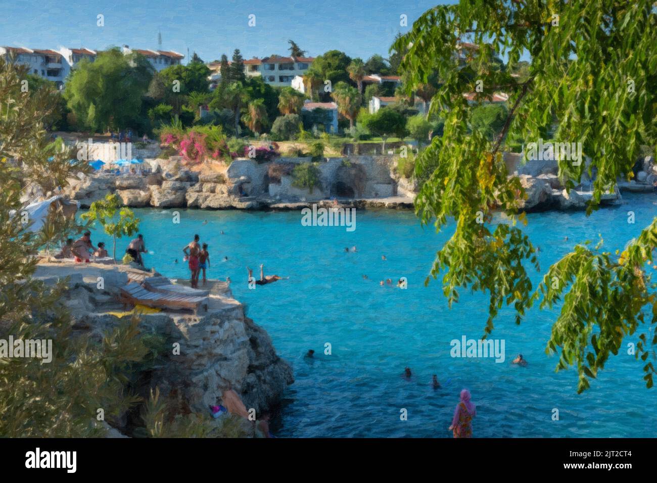 People swim and dive in bay of Mediterranean Sea in Turkey. Digital ...
