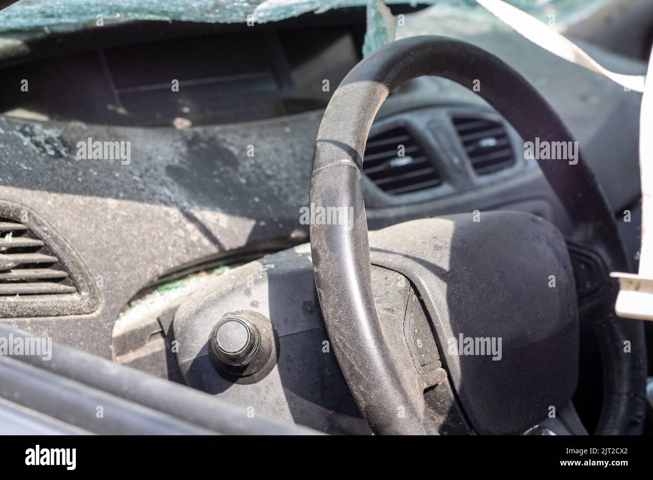 Close-up of the steering wheel of a car after an accident. The driver's ... Close-up of the steering wheel of a car after an accident. The driver's ...