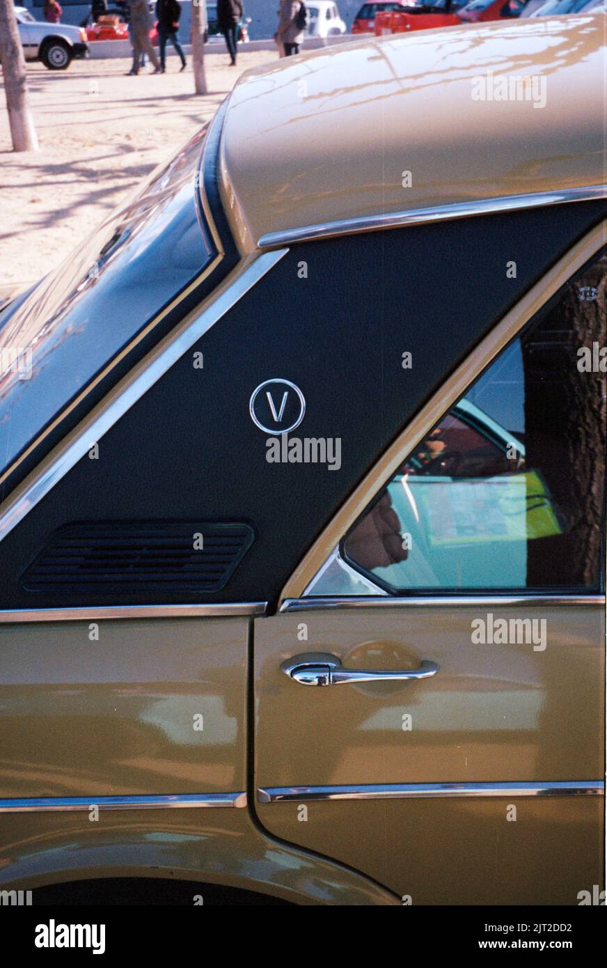 A vertical closeup side shot of back door of an old Austin Victoria De ...