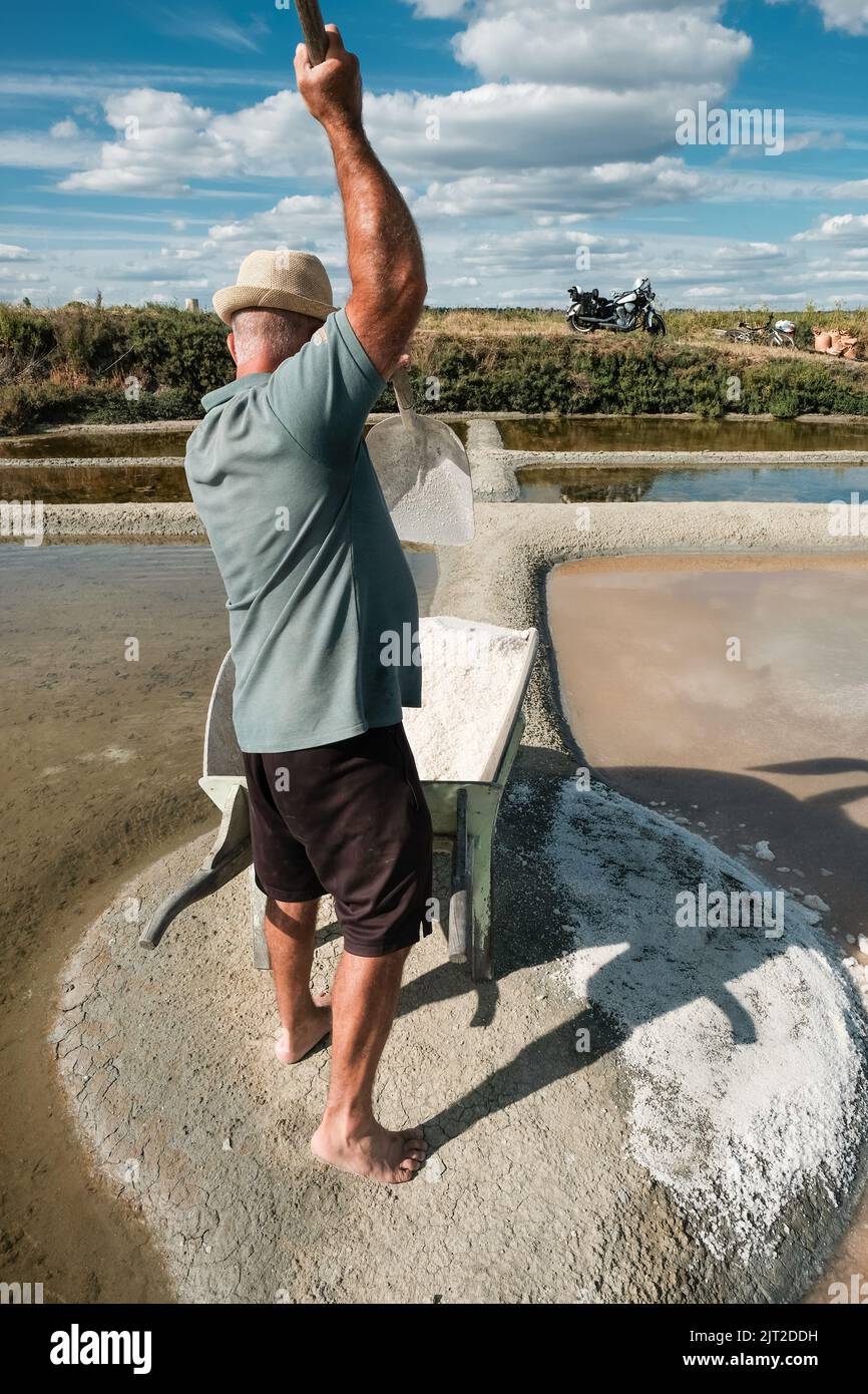 A vertical shot of a man picking up salt in the wheelbarrow at salt ...