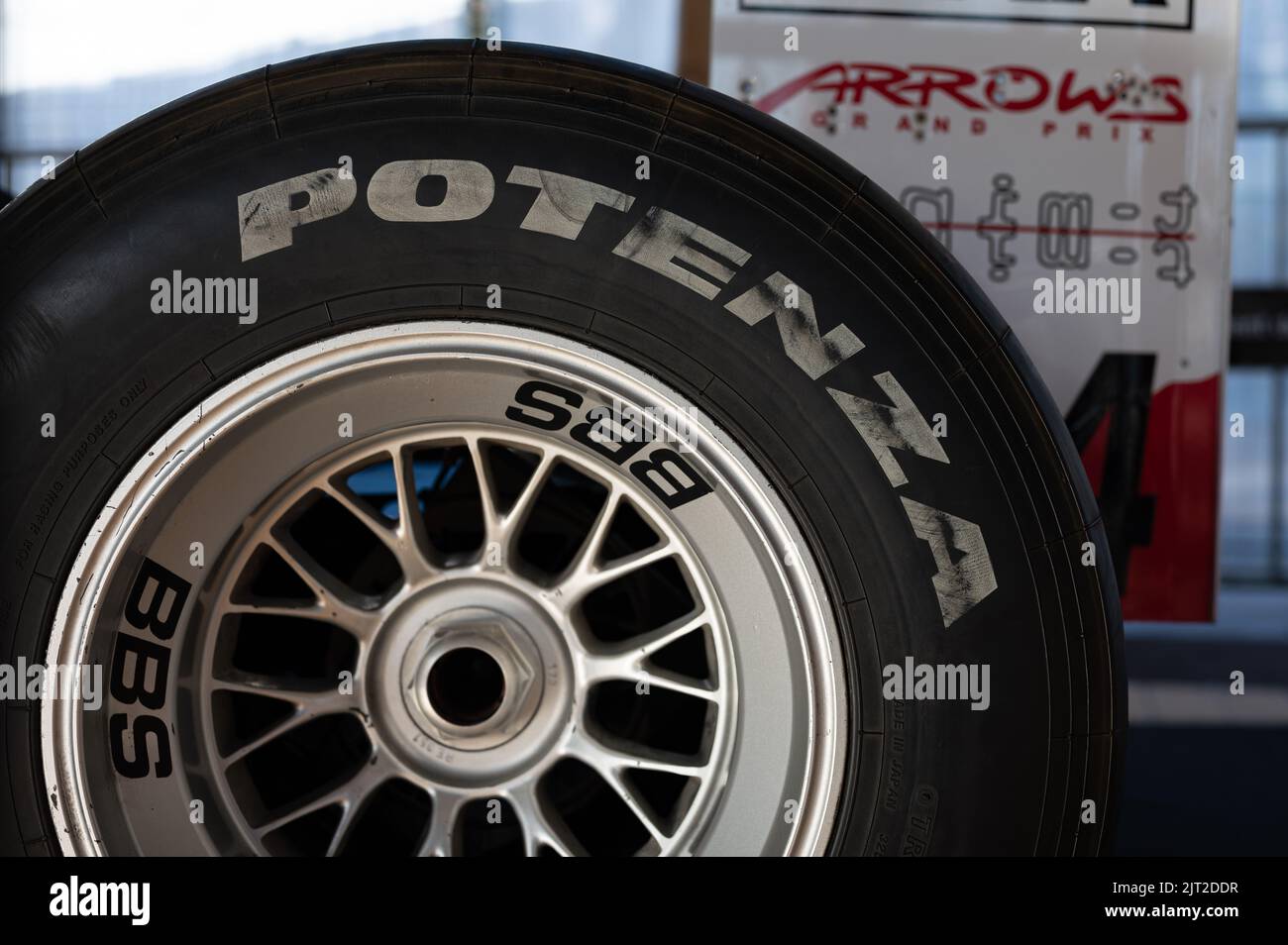 A closeup of a Formula 1 wheel with a BBs rim and a Bridgestone Potenza ...