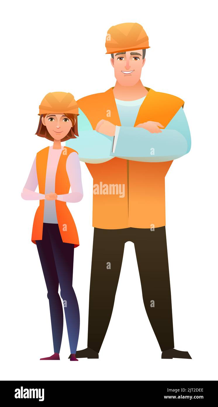 Man and woman builder in vest and protective helmet. Guy worker ...