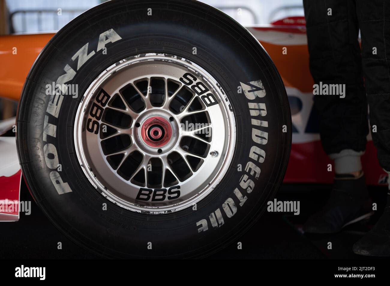 A closeup shot of a Formula 1 wheel with a BBs rim and a Bridgestone ...