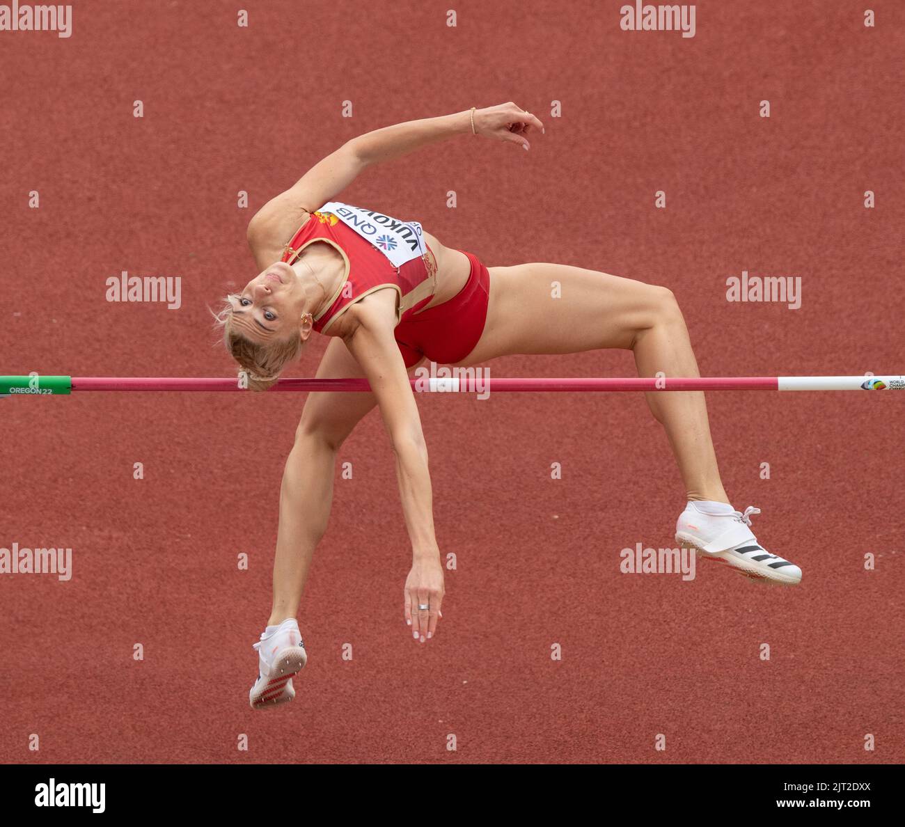 Marija Vukovic of Montenegro competing in the women’s high jump heats ...