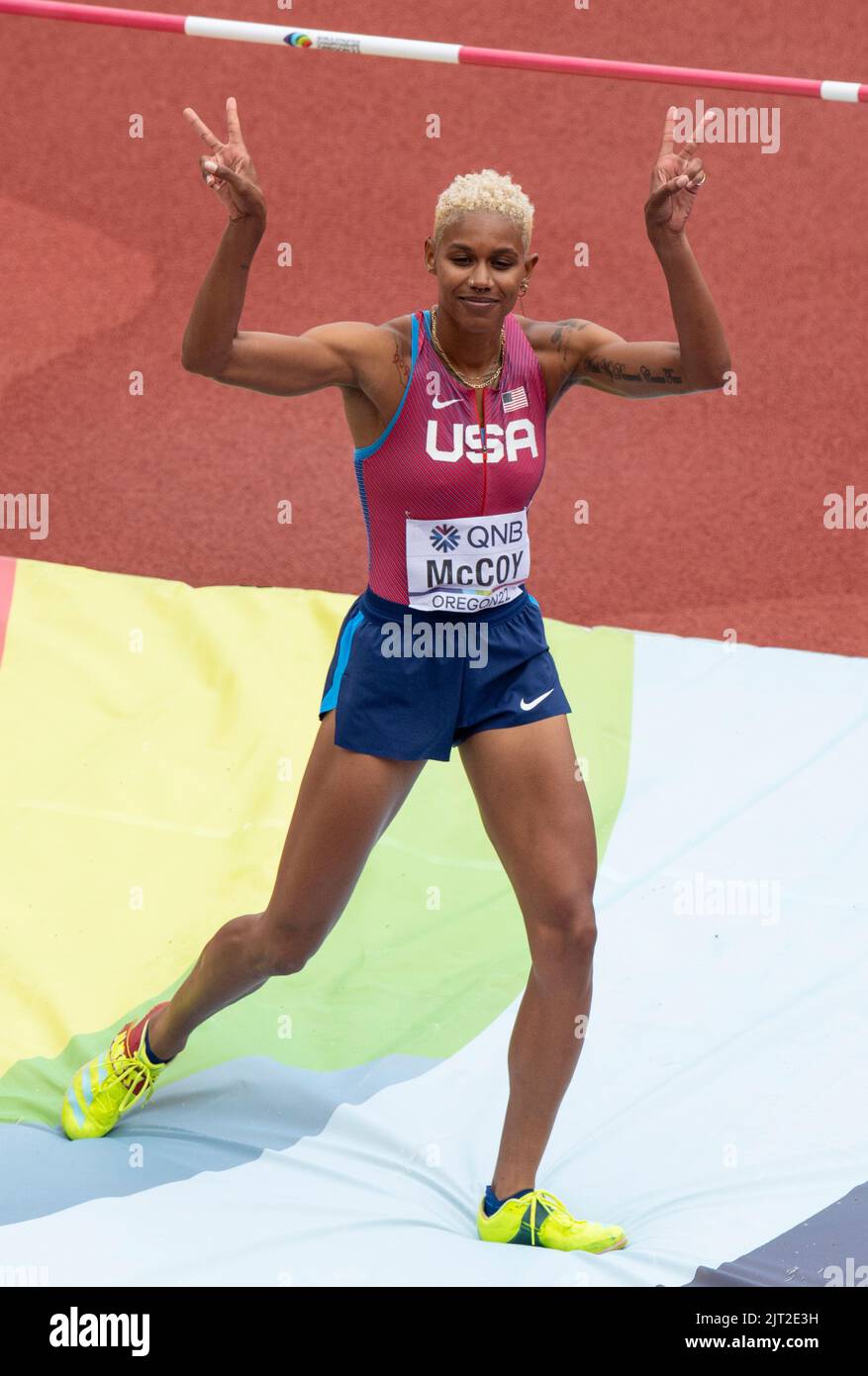 Rachel McCoy of the USA competing in the women’s high jump heats at the ...