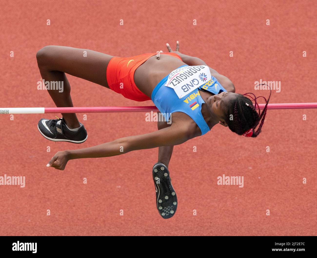 Jennifer Rodriguez of Colombia competing in the women’s high jump heats ...