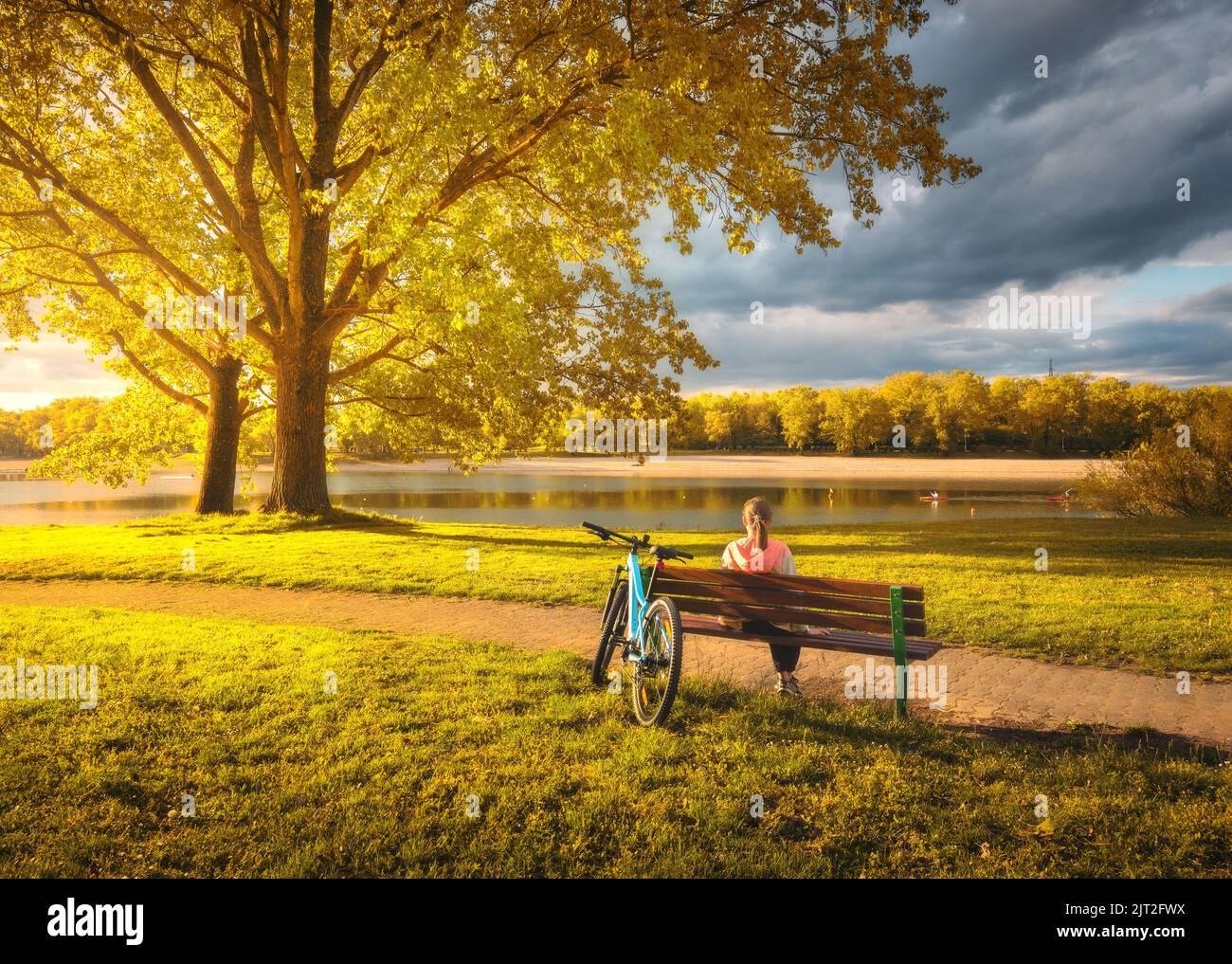 Woman sitting on bench and mountain bike, yellow trees and lake Stock ...
