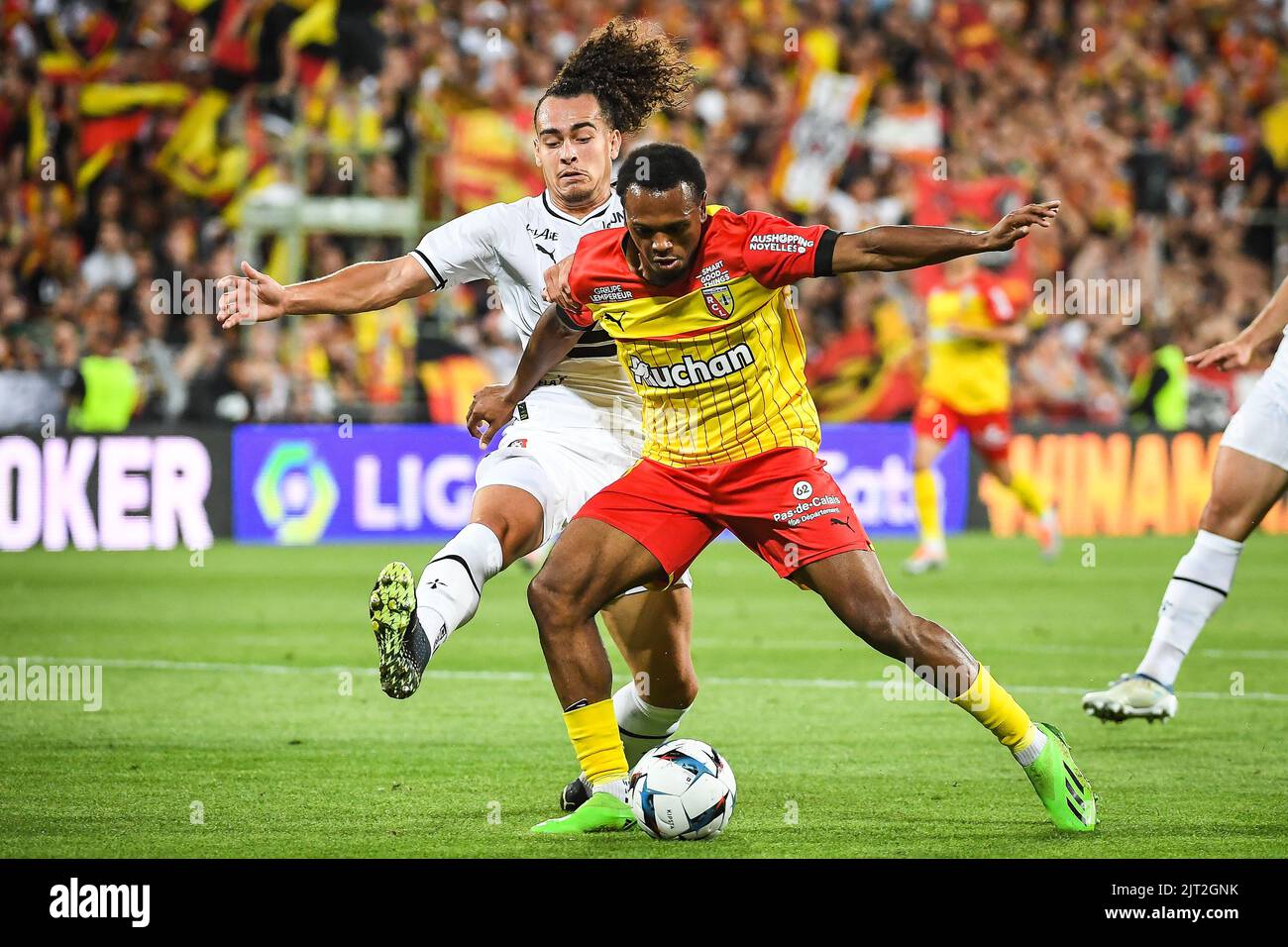 Arthur THEATE of Rennes and Lois OPENDA of Lens during the French ...
