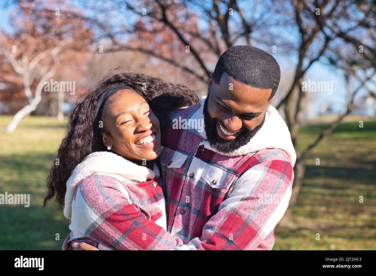 A beautiful view of African American couple hugging at Liberty State ...