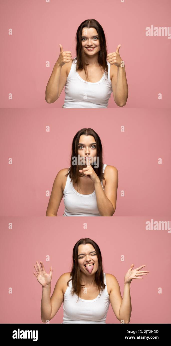 Collage of happy emotions. Set of three portraits of young brunette ...