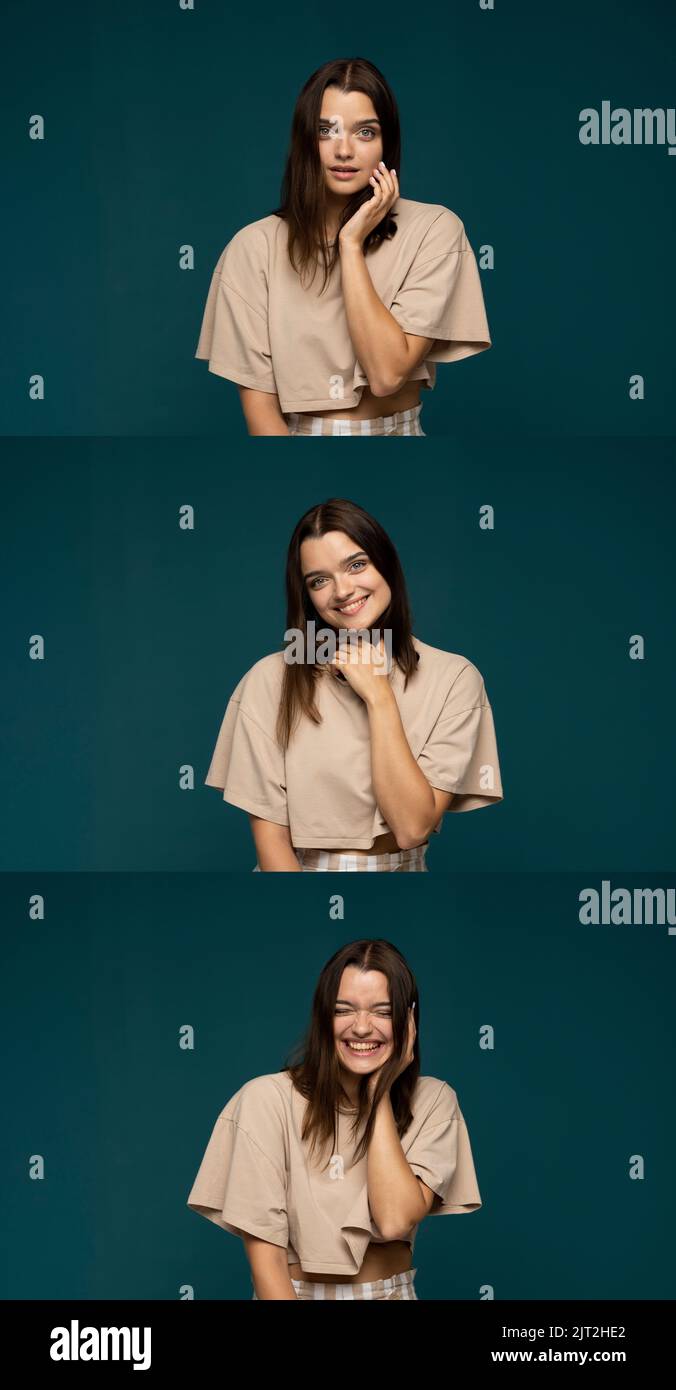 Vertical collage of happy emotions. Set of three portraits with ...