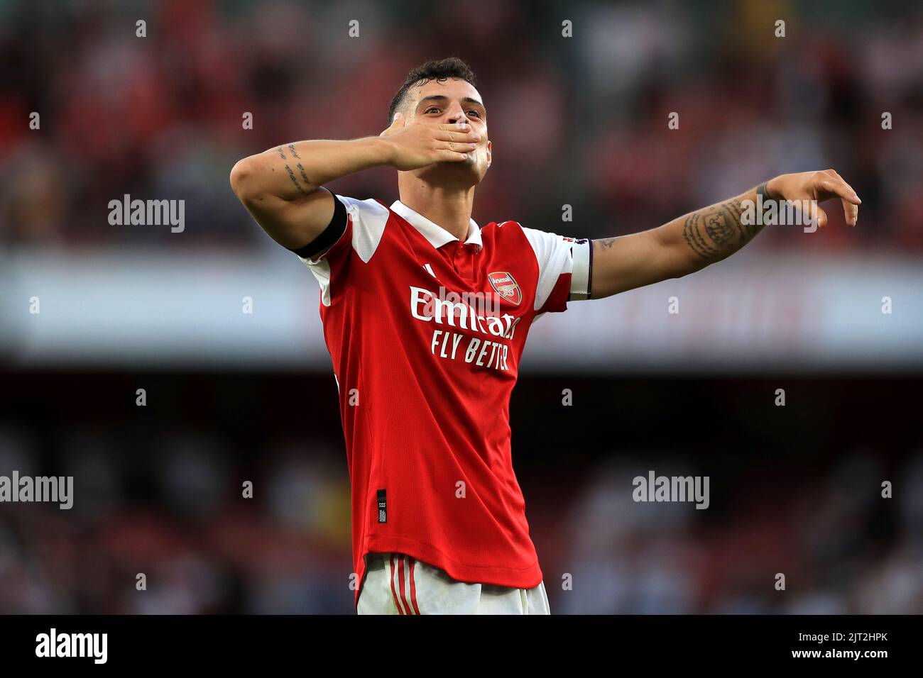 Arsenal's Granit Xhaka applauds the fans after the final whistle in the ...