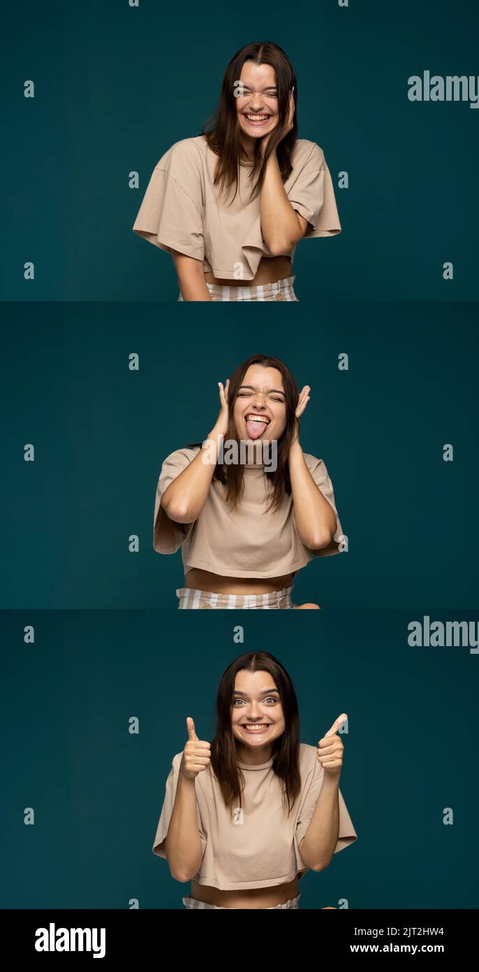 Collage of happy emotions. Set of three portraits of young brunette ...
