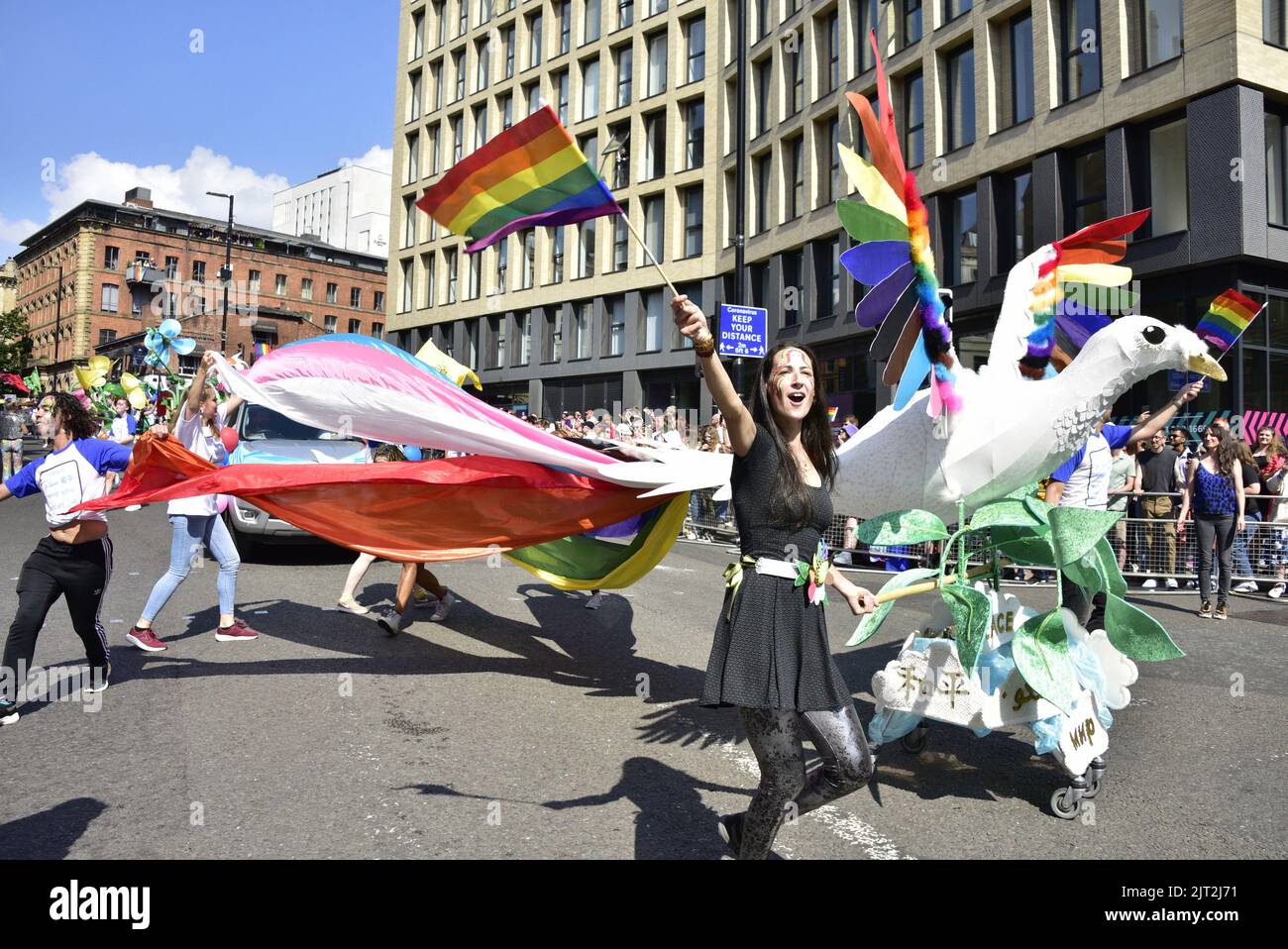 Manchester, UK. 27th August, 2022. A peace float with rainbow and trans ...
