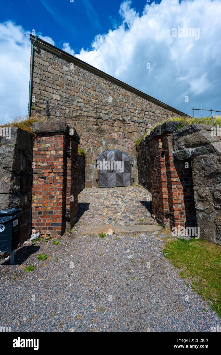 Varberg, Sweden - July 04 2022: Intricately constructed wooden gate at ...