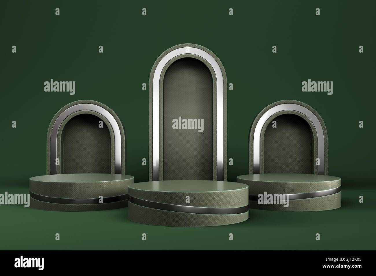 Abstract minimal background. Dark green cylindrical pedestal with arc ...