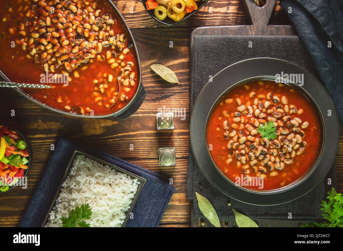 Arabic Cuisine; Middle Eastern traditional black- eyed beans in tomato ...