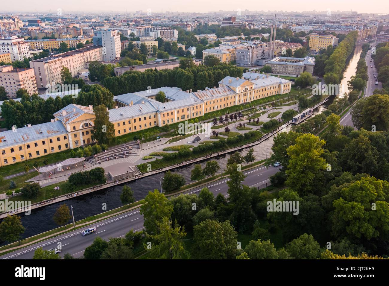 Aerial view of the public park of the Karpovka River Embankment in St ...