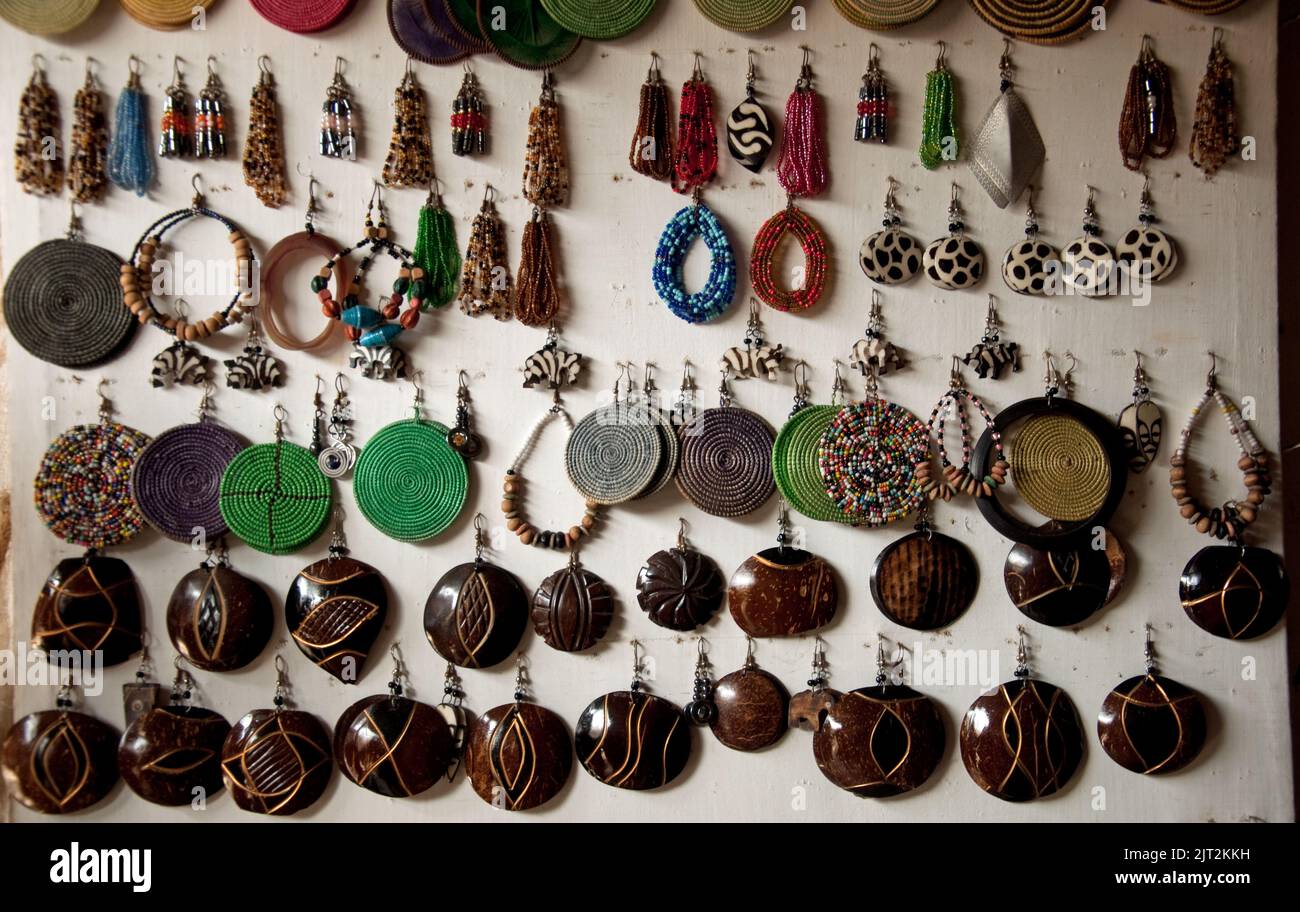 Ear-rings on sale at Mwenge Souvenir Market, Mwenge, Dar-es-Salaam ...