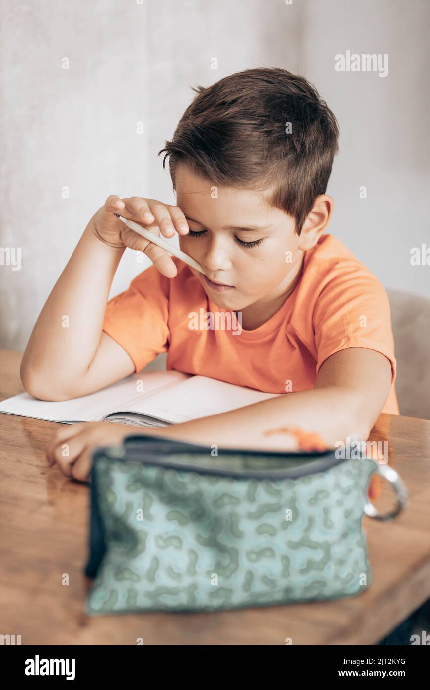 Little school boy doing homework, sitting at the table Stock Photo - Alamy