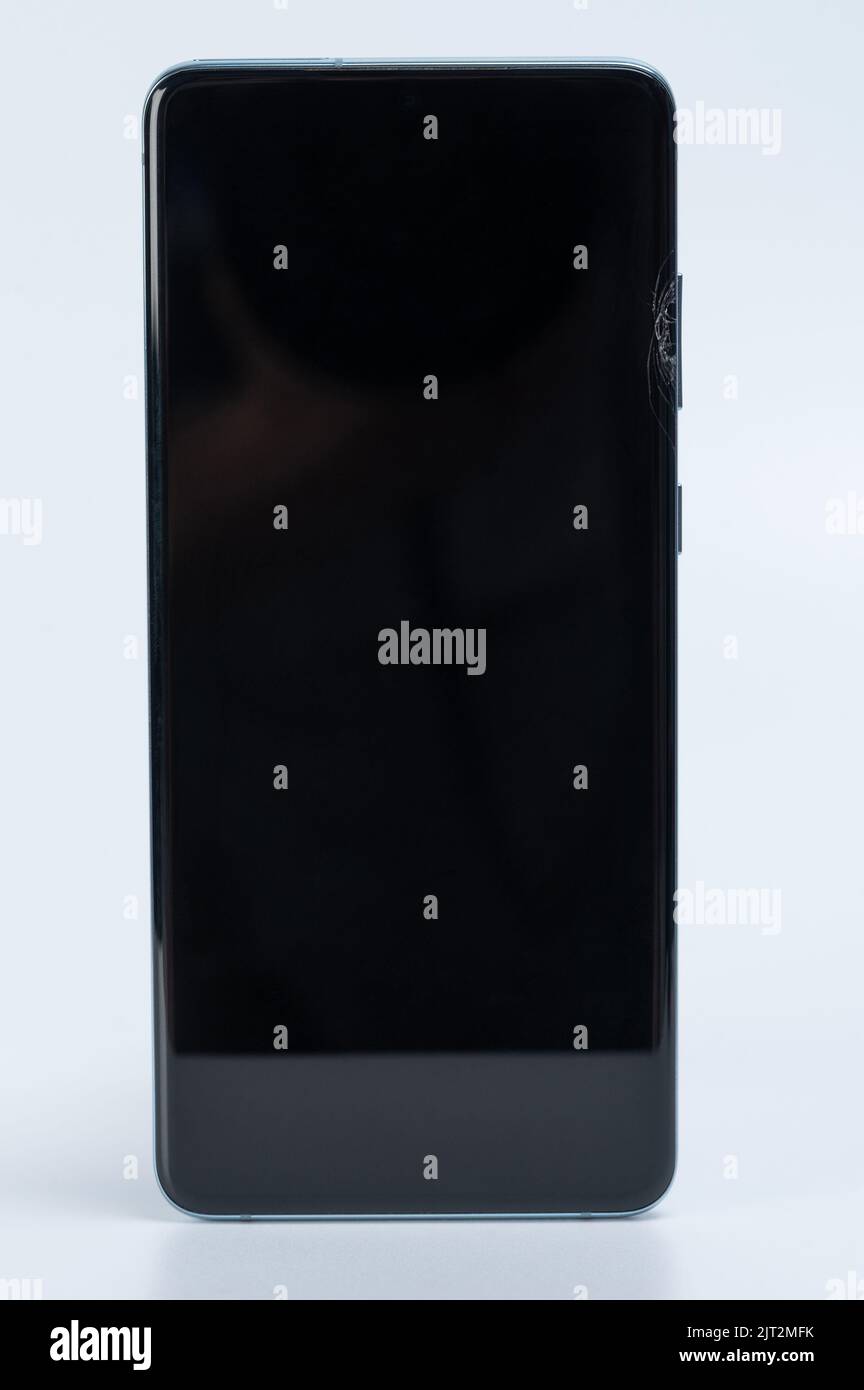 Repair smartphone screen theme. Front view of modern smartphone with ...