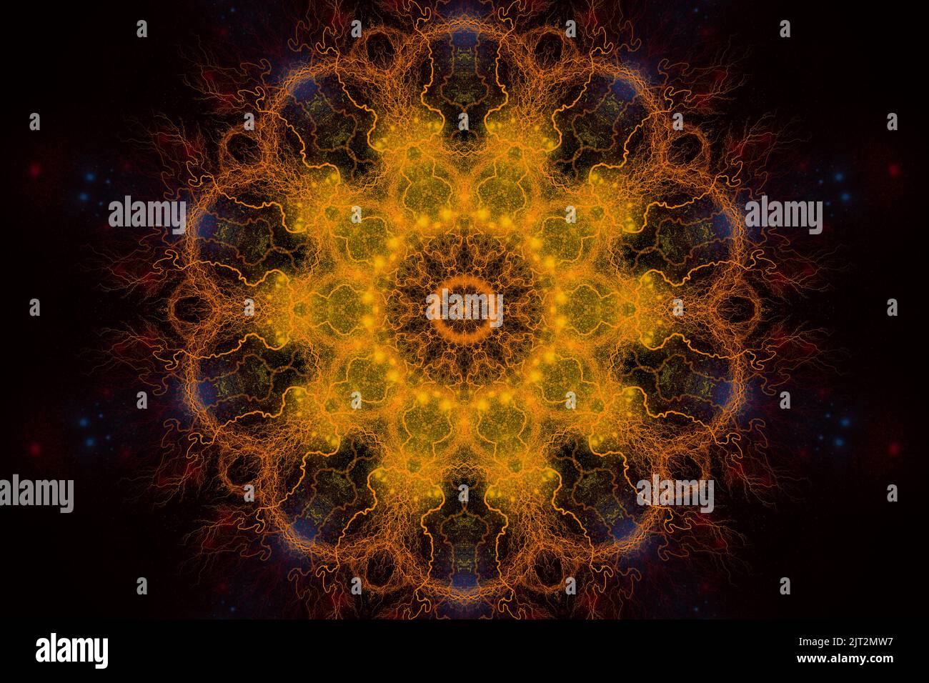drawn mandala cosmic from lightning of different colors on a black ...