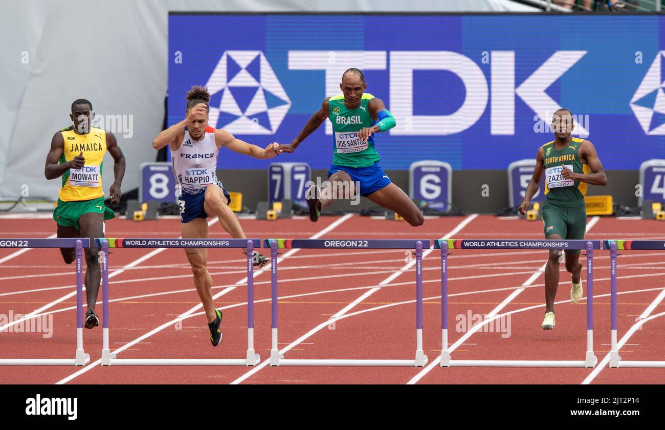 Alison Dos Santos of Brazil competing in the men’s 400m hurdles heats ...