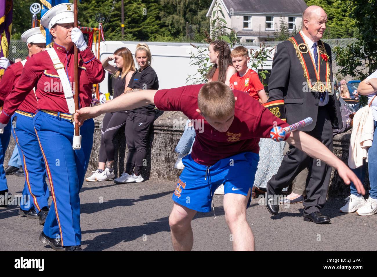 Ballyclare, United Kingdom. 27 Aug, 2022. Bandsman from Monkstown shows ...