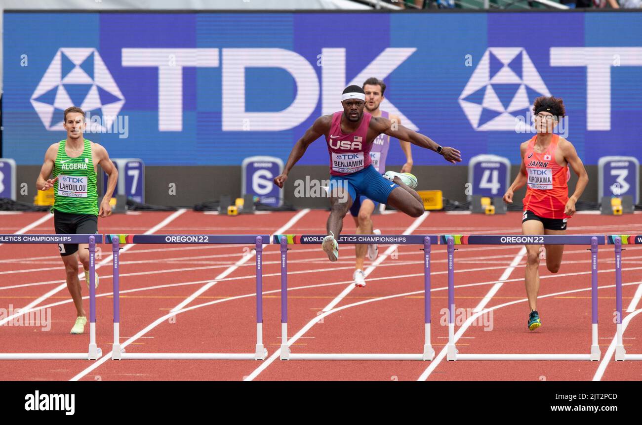 Rai Benjamin of the USA competing in the men’s 400m hurdles heats at ...