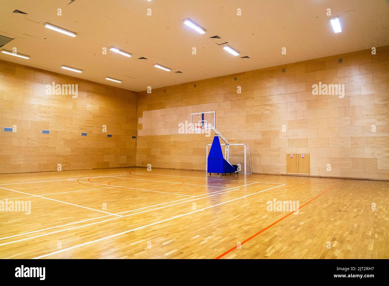 Light basketball gym with movable basket without people Stock Photo - Alamy
