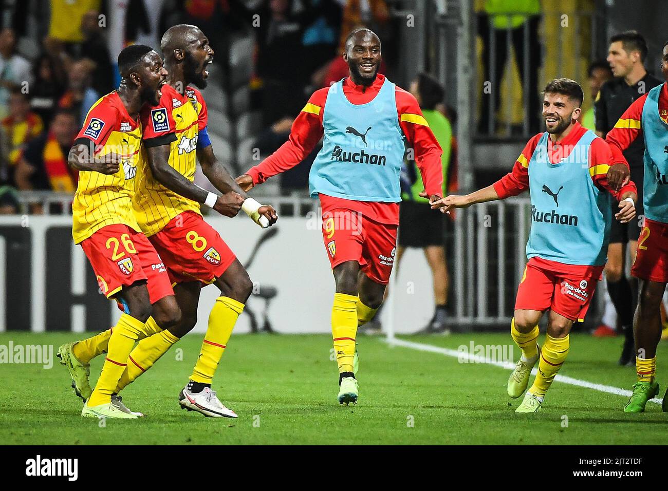 Seko FOFANA of Lens celebrate his goal with teammates during the French ...