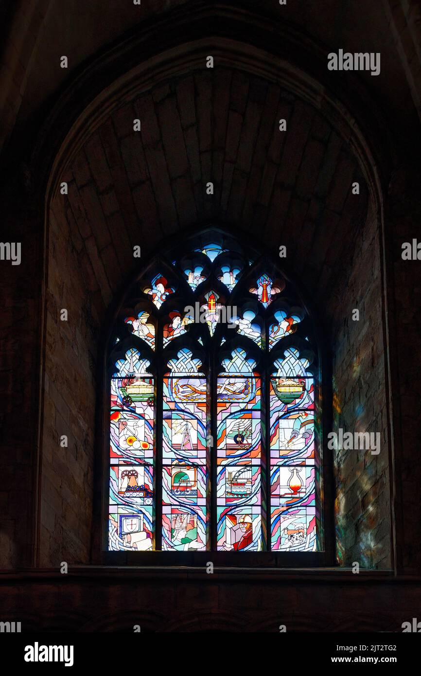 stained glass window in norman cathedral in Durham. County Durham Uk ...
