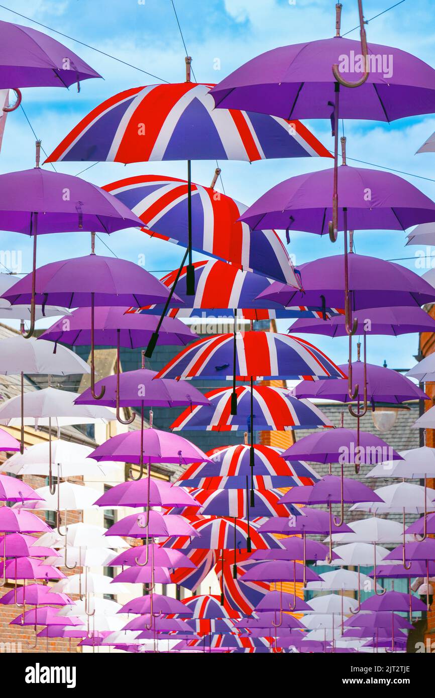 hanging union jack umbrellas parasols art installation in dusk evening ...