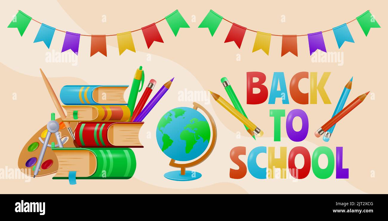 Back to school colorful cartoon banner. Cute background with school ...