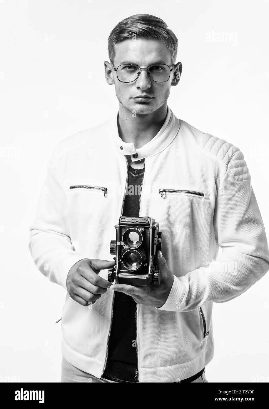 Handsome photographer dslr isolated on Black and White Stock Photos ...