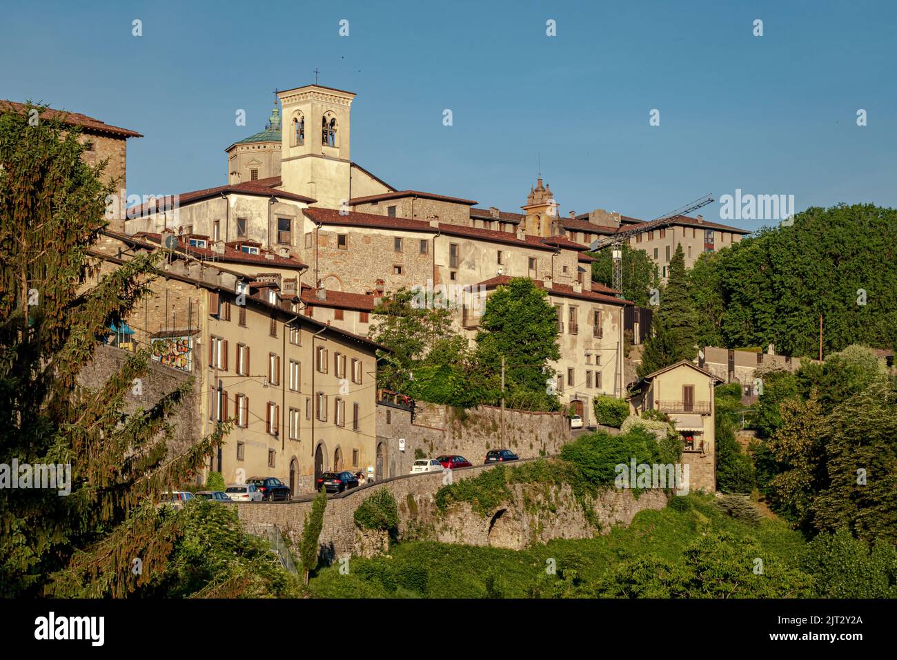 A beautiful view of the Citta Alta neighborhood in Bergamo, Italy with ...