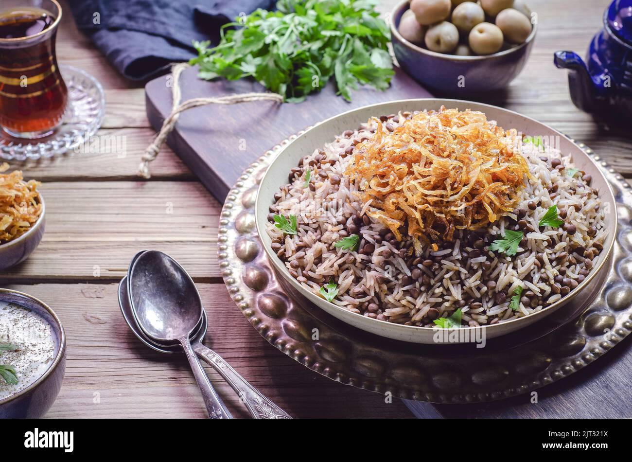 Arabic cuisine; Traditional oriental dish "Mujadara" or Mudardara". It ...